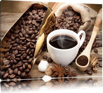 Pixxprint Edler Kaffee und Kaffebohnen, Gr&ouml;&szlig;e: 100x70cm, Leinwandbild, fertig gespannt, Wandbild, Dekoration, Kunstdruck, kein Poster