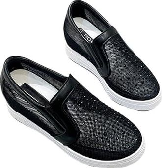 Generic Baskets &agrave; enfiler pour femme avec strass en maille - Chaussures de tennis respirantes - Plateforme scintillante - Talon cach&eacute; - Mocassins en toile, No