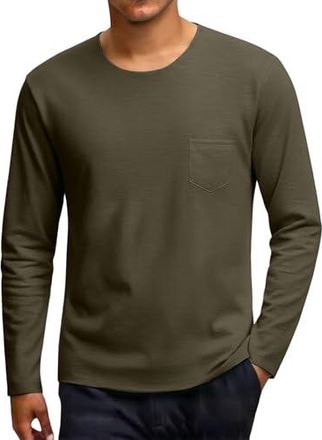 Generic Chemise de pyjama en coton pour homme - Haut uni &agrave; manches longues - Col rond - Coupe ample - Confortable - Respirant - V&ecirc;tements de sport pour lint&eacute;r