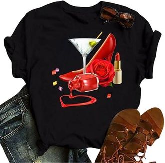 Keephen Verre &agrave; Vin T-Shirt pour Femmes Nouveaut&eacute; Verre &agrave; Vin Impression 3D T-Shirts &Eacute;t&eacute; Col Rond Manches Courtes Chemises &Eacute;t&eacute; Tee Casual Tops