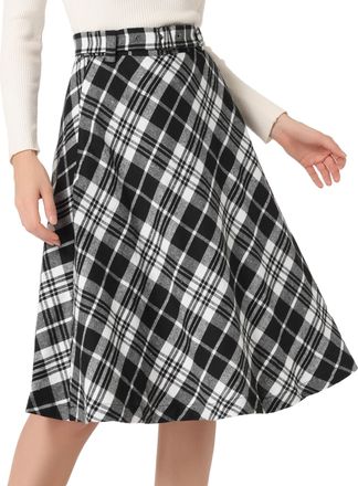 Allegra K Damen Kariert Rock Schottenrock Knielang A Linie High Waist Colorblock Midirock Schwarze XS