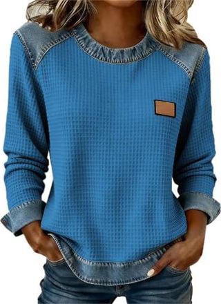 Generic Sweats pour femme sans capuche vintage en tricot gaufr&eacute; patchwork sweatshirt printemps sortie tops couture denim chemise habill&eacute;e d&eacute;contract&eacute;e manches