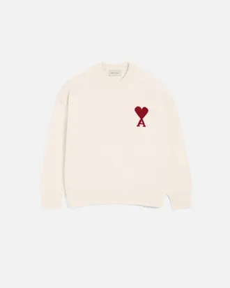 Ami Ami Paris - Pull naturel en laine Ami de Coeur Ecru & rouge - Taille : XXXL - Unisex