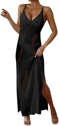 Generic 2026 Robe amincissante pour femme Robe longue sans manches fendue Maxi avec bretelles r&eacute;glables Coupe ajust&eacute;e, Noir, Taille unique