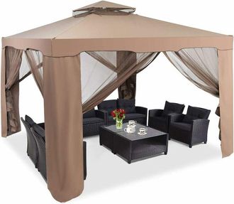 Costway Pavillon Tonnelle de Jardin de 3x3M Autoportante avec Ornements 4 Rideaux de Moustiquaire Polyester 300 x 300 x 200/265 cm Marron - Costway