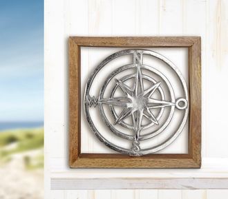 Gilde Deko Maritim Bild Kompass Windrose - Bild Wanddeko Metall Aluminium - maritime Wand Deko Silber Metall - Wandbild Dekobild zum Aufhängen Holzrahmen 20