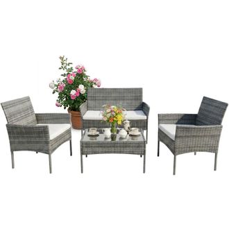 Relaxdays Relaxdays ensemble jardin 4 pcs rotin pour 4 personnes: canap&eacute; 2 places, 2 fauteuils, table verre, ext&eacute;rieur, gris