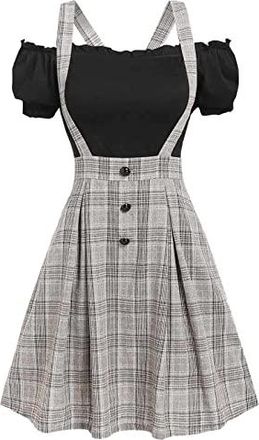 Generic Jupe &agrave; carreaux taille moyenne pour femme - Couleur unie - T-shirt - Jupe temp&eacute;rament - Ensemble de maillots de bain pour femme, Noir, L