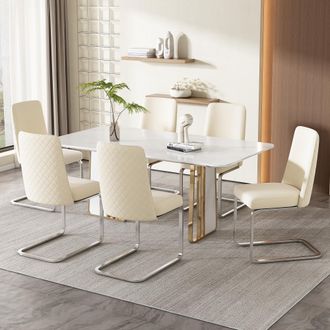 Merax Schwingstuhl 6er-Set, Samt Esszimmerstühle mit Metall-Stützbeinen, bequemer Freischwinger Stühle für Wohnzimmer, Schlafzimmer, Samt, Beige & Silber
