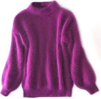 Generic Pull en angora pour femme en m&eacute;lange angora et cachemire, ample, chaud, col rond, tricot, col roul&eacute;, violet, Taille unique