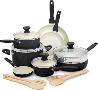 GreenPan Rio Gesundes Keramisches Antihaft-geschütztes 16-teiliges Topf- und Pfannenset mit Bratpfannen, Kochtöpfen, PFAS-frei, Stay-Cool-Griff,Backofenfest bi