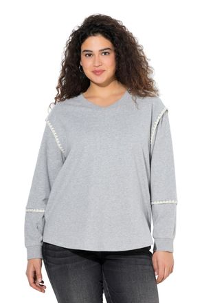 Ulla Popken Damen gro&szlig;e Gr&ouml;&szlig;en &Uuml;bergr&ouml;&szlig;en Plus Size Sweatshirt, Ziern&auml;hte, Oversized, V-Ausschnitt, Langarm hellgrau m&eacute;lange 42+ 842273134-42+