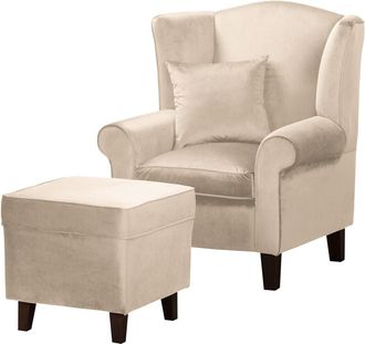Maison Belfort home24 Ohrensessel Beige Samt Ravi mit Hocker 80 x 95 x 78cm