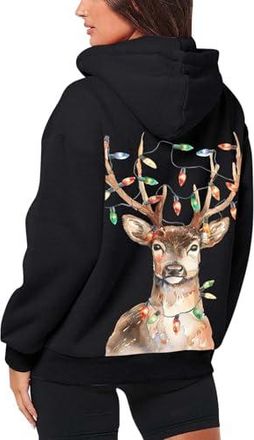 Generic Sweat &agrave; capuche &agrave; manches longues avec cordon de serrage et fermeture &eacute;clair pour femme Motif cerf sautant, Noir, 3XL