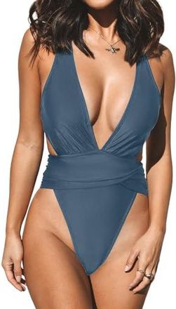 Cupshe Maillot de bain une pièce pour femmes maillot piscine découpé croisé dans le dos noué profond col en V froncé coupe haute, bleu saphir, Taille XL