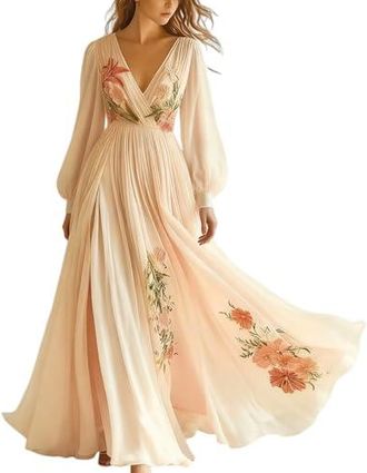 Minetom Femme Robe De Soir&eacute;e Chic Longue Col V &Agrave; Fleur Mousseline Manches Longue Maxi Dress Plage D&Eacute;t&eacute; Cocktail Mariage Robe De Demoiselle dhonneur C2 Rose XX