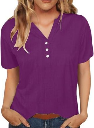 Generic IQYU Chemisier en mousseline surdimensionn&eacute; pour femme - Grandes tailles - Manches courtes - Col en V - Chemise en lin - Couleur unie - Haut d&eacute;t&eacute; en l