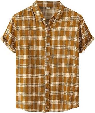 Generic Chemise &agrave; carreaux &agrave; manches courtes pour homme | Chemise &agrave; carreaux d&eacute;contract&eacute;e l&eacute;g&egrave;re et respirante | Chemise d&eacute;t&eacute; boutonn&eacute;e avec col &agrave; revers | Ha