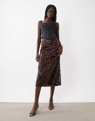 Asos jupe mi-longue &agrave; sequins couleur chocolat-Marron