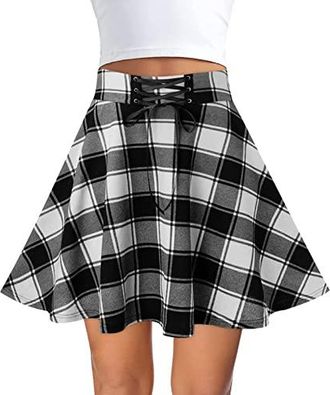Feoya Jupe Courte à Carreaux Femme Fille Jupe Ecossaise Taille Haute Gothique Jupes Tartan Évasée Plissée Harajuku Patineuse Tennis Kilt Mini Écolière Colle