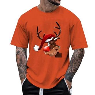 Generic T-shirts de No&euml;l pour hommes UK Automne Tee-shirt de P&egrave;re No&euml;l L&eacute;ger Renne Col Rond Tunique Hauts Moche Dessin Anim&eacute; Col Ras du Cou Streetwear, Orange