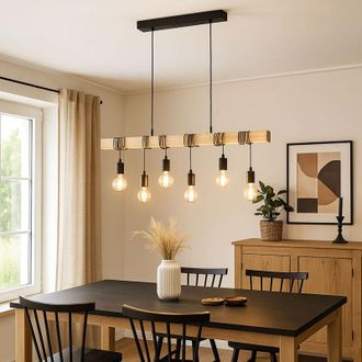 ETC Shop Lampe &agrave; suspendre LED Lampe de table en bois Lampe &agrave; suspendre r&eacute;glable en hauteur Lampe de salon 6 flammes, 6x 4W 6x 320lm blanc chaud, LxH 100 x