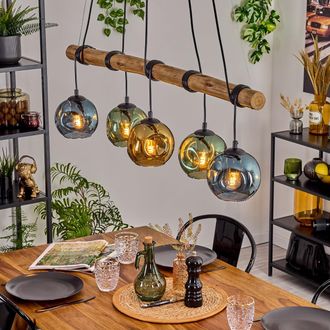HOFSTEIN Pendelleuchte Ripoll, H&auml;ngelampe aus Metall/Holz/Glas in Schwarz/Natur/Gr&uuml;n/Blau/Gold, H&auml;ngeleuchte im Retro/Boho-Design mit Glasschirmen und Holzbalk