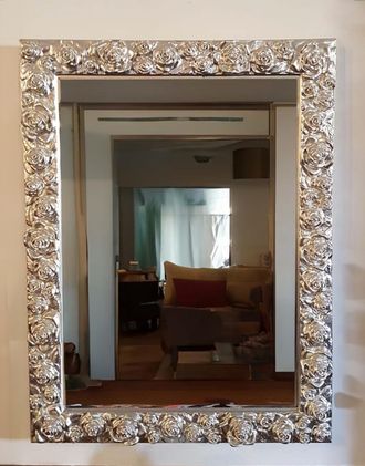 MO.WA Wandspiegel Spiegel Klassisch Silber 62x82 Rosenspiegel im romantischen Stil Dekospiegel Blattsilber Rechteckiger Holzspiegel Silber