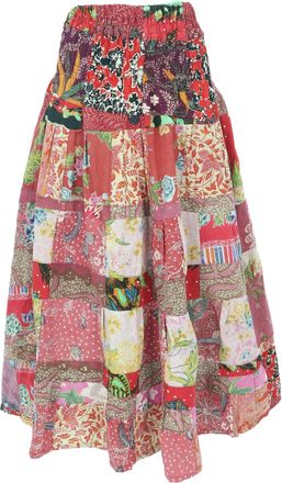 Guru Shop Weit Schwingender Upcyceling Patchwork, Maxirock, Boho Baumwoll Sommerrock - Rot, Damen, Baumwolle