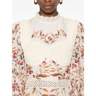 Farm Rio Floral Crochet-Smocked Cotton Day Dress - Beige