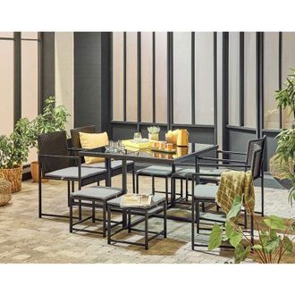 Best Mobilier Bestmobilier - Olaria - ensemble table et chaises de jardin en acier noir - 8 places - coussins gris