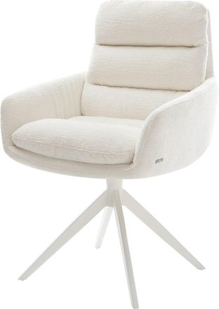 DELIFE Esszimmerstuhl Abelia-Flex mit Armlehnen Kreuzgestell breit Weiß Bouclé Soft Beige 360° drehbar Wippfunktion