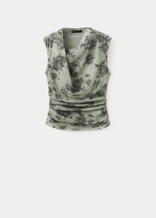 Mango Top imprim&eacute; drap&eacute; vert - Femme - XS - MANGO