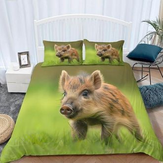 Generic Housse de Couette 155x220 Sanglier Parure de Lit 1 Personne Animaux Imprim&eacute;e 3D Microfibre Douce Mignon Housse Couette R&eacute;versible avec 2 Taies doreill