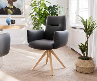 DELIFE Drehstuhl Jova-Flex mit Armlehnen Echt-Leder Schwarz Holzgestell kantig Natur 180&deg; drehbar Taschenfederkern, Esszimmerst&uuml;hle