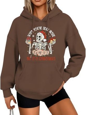 Generic Sweat &agrave; capuche de No&euml;l pour femme, imprim&eacute; squelette, manches longues avec cordon de serrage, hauts d&eacute;contract&eacute;s | pour le voyage, caf&eacute;, XXL