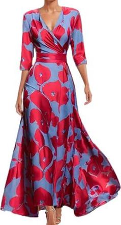 Generic Robe Maxi &agrave; imprim&eacute; Floral pour Femmes, &eacute;l&eacute;gante, col en v, ceintur&eacute;e, Robes de Plage de Cocktail de Bal de Mariage d&eacute;t&eacute; (Red03,TTG)