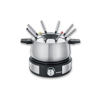 Severin Fondue Crêpière 2 en 1, Inclus 8 fourchettes à fondue, spatule à crêpe et répartiteur de pâte, Inox/Noir, FO 2471