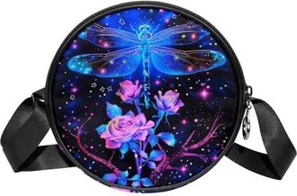 Generic Sac &agrave; bandouli&egrave;re rond pour femme, motif libellule avec fermeture &eacute;clair et bretelles r&eacute;glables