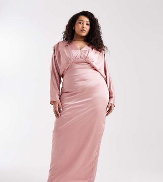 Tfnc Plus Robe longue pliss&eacute;e et ajust&eacute;e pour demoiselle dhonneur en satin &agrave; col V - Rose