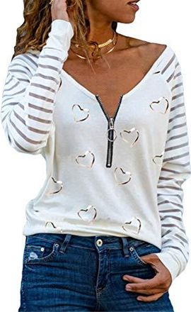 Onsoyours Printemps des Femmes Mince Mode Imprimé Fleur Rayé À Manches Longues Col en V À Manches Longues T-Shirt Haut Pull Ample Sweat-Shirt Décontracté H Blan