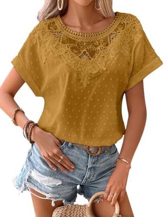 Minetom Chemise Femme Dentelle Tee Shirt Été Manches Courtes Col Rond Blouse Élégant T Shirt Casual Chemisier Haut Tops B Jaune M