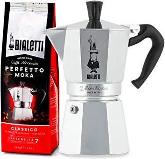 Bialetti Moka Express Espressokocher, Aluminium, Grau, 6 Tassen Perfetto Moka (der ideale Kaffee für den Moka), Gemahlener Kaffee - CLASSICO Geschmack Klassisc
