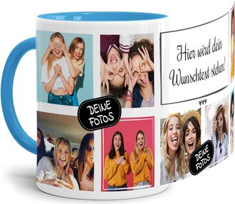 Tassendruck Foto-Tasse selbst gestalten mit Text & Collage für 8 Fotos - Geschenk für Familie, Freunde, Geburtstag, Weihnachten - Keramik Innen & Henkel Hellblau,