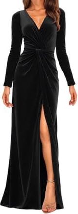 Minetom Robe Velours Femme Longue Hiver &Eacute;l&eacute;gante Col V Manches Longues C&eacute;r&eacute;monie Cocktail Mariage Soir&eacute;e F&ecirc;te Dress A Noir L