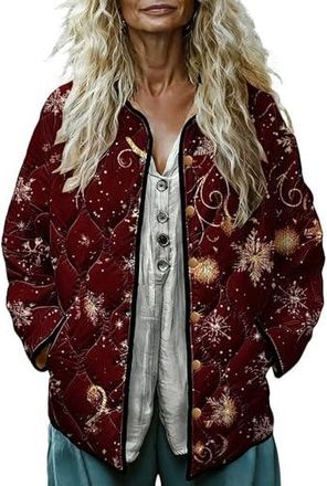 Generic Veste matelassée à imprimé sapin de Noël pour femme avec motif graphique rétro, manches longues, col montant boutonné, pour lhiver, bordeaux, 4XL