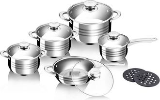 Royalty Line 12-teiliges Set, Kochgeschirr aus Edelstahl, inklusive Bratpfanne und T&ouml;pfe mit Glasdeckel, kompatibel mit allen Herdarten, 24 cm, Silber