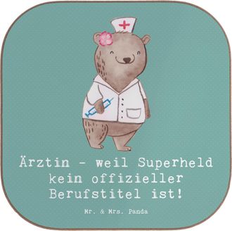 Mr. & Mrs. Panda Getr&auml;nkeuntersetzer &Auml;rztin Superheld - Geschenk, Beruf, Hingabe, Untersetzer Quadratisch, Dankbarkeit, Tischuntersetzer, deko, kreative Geschenke, mit