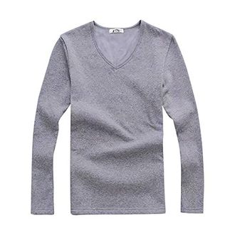 Generic et Spandex couleur unie manches longues col en V pull grande taille slim t-shirt porter confortablement t-shirts, gris, L