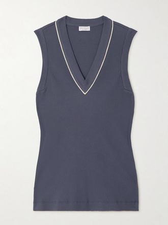 Brunello Cucinelli Tanktop Aus Einer Gerippten Baumwollmischung Mit Zierperlen - Blau